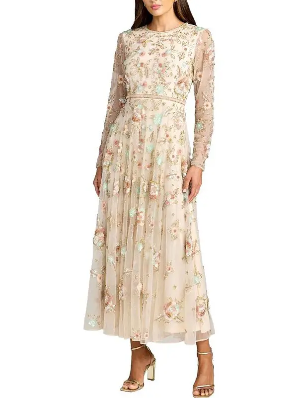 Mac Duggal Floral Embellished Mesh Midi Dress - Beige Multi