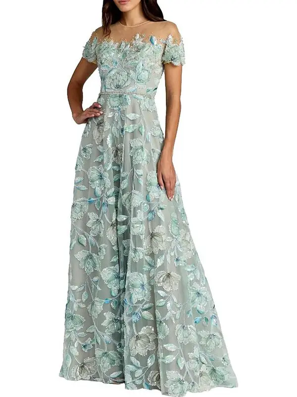 Mac Duggal High Neck Cap Sleeve Embellished A-line Gown - Sage Multi