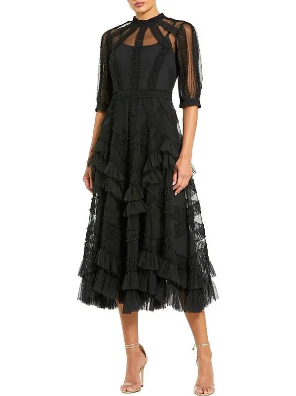 Mac Duggal High Illusion Neck Ruffle Tiered A-line Midi Dress - Black