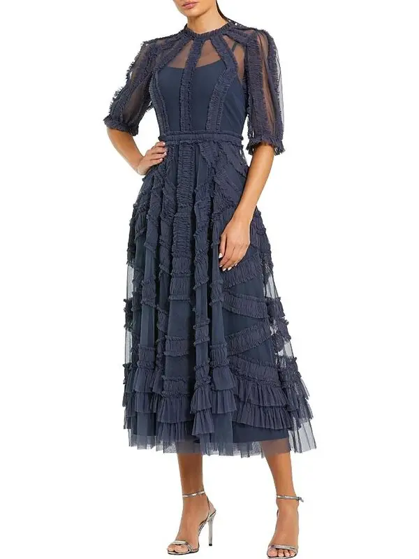 Mac Duggal Petite High Illusion Neck Ruffle Tiered A-line Midi Dress - Midnight