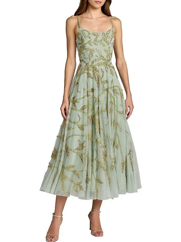 Mac Duggal Spaghetti Strap Floral Hand Beaded Midi Dress - Seafoam Gold