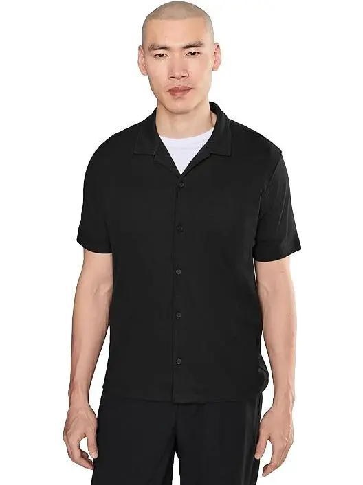 Vince Mesh Knit Short Sleeve Cabana Shirt T Shirt - Black