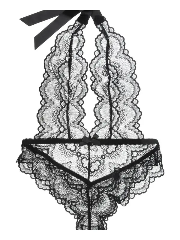 JOURNELLE Natalia Lace Bodysuit With Plunge Neckline And Halter Tie - Black