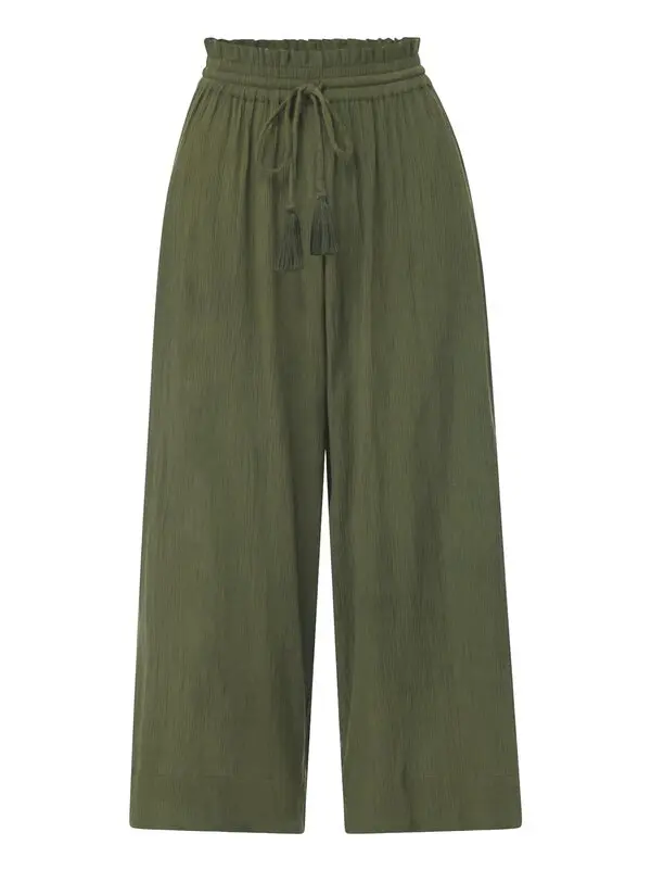 CHANGE OF SCENERY Wide Leg Crinkle Gauze Beach Pants - Green
