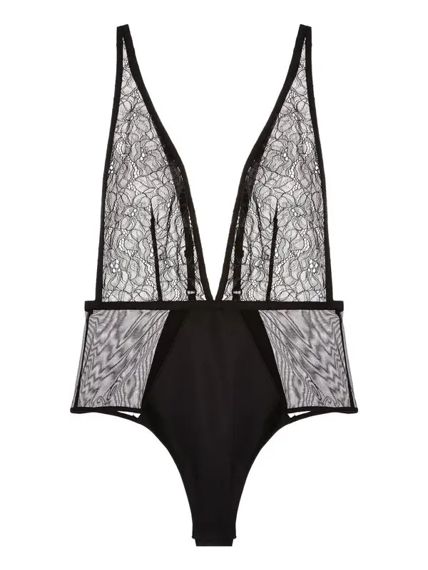 JOURNELLE Lexi Bodysuit: Stretch Lace Plunge Bodysuit With Open Back - Black