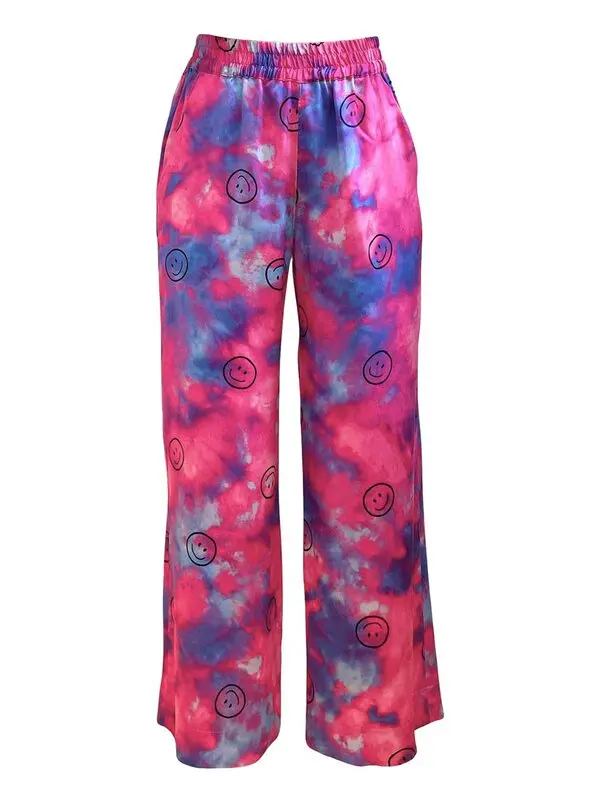 ROY G. Ultraviolet Smiley Tie-dye Silk Wide-leg Pajama Pants - Purple