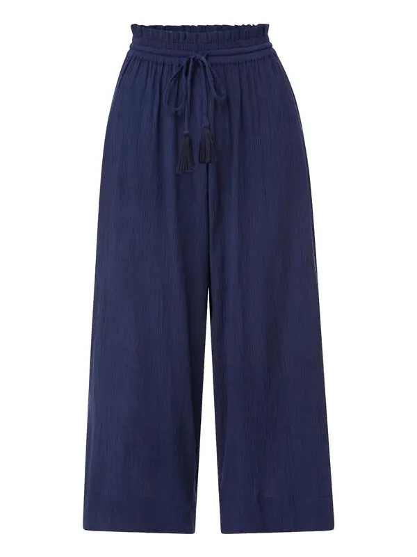CHANGE OF SCENERY Navy Crinkle Cotton Wide Leg Pull-on Pants - Blue