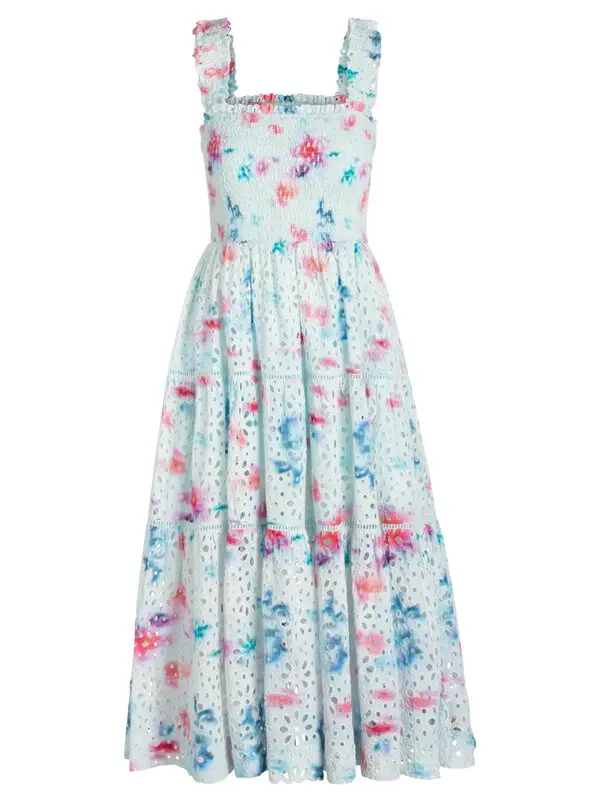 CHANGE OF SCENERY Cielo Print Eyelet Midi Dress - Blue/white