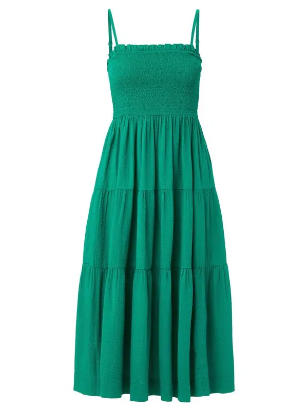 CHANGE OF SCENERY Kristen Dress Emerald Cotton Seersucker Tiered Midi - Green