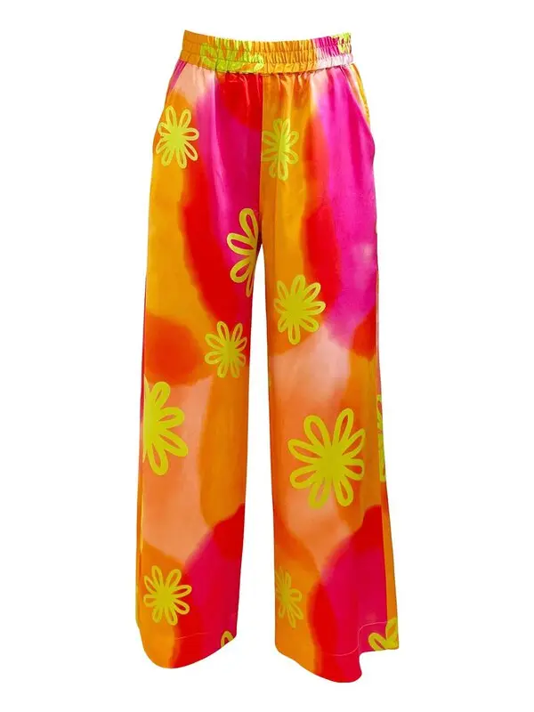 ROY G. Watercolor Floral Silk Pajama Pants - Orange/red