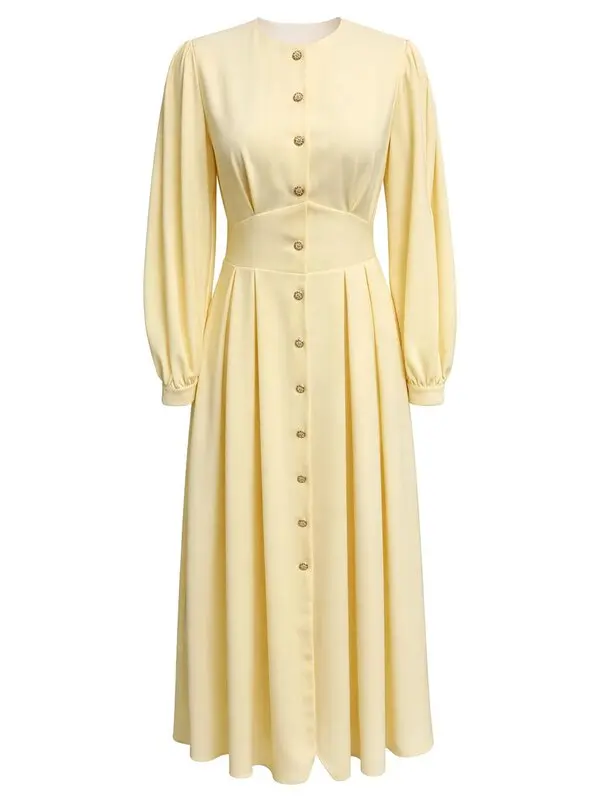 EXQUISE Long Sleeve Midi Dress With Button Detailing - Yellow