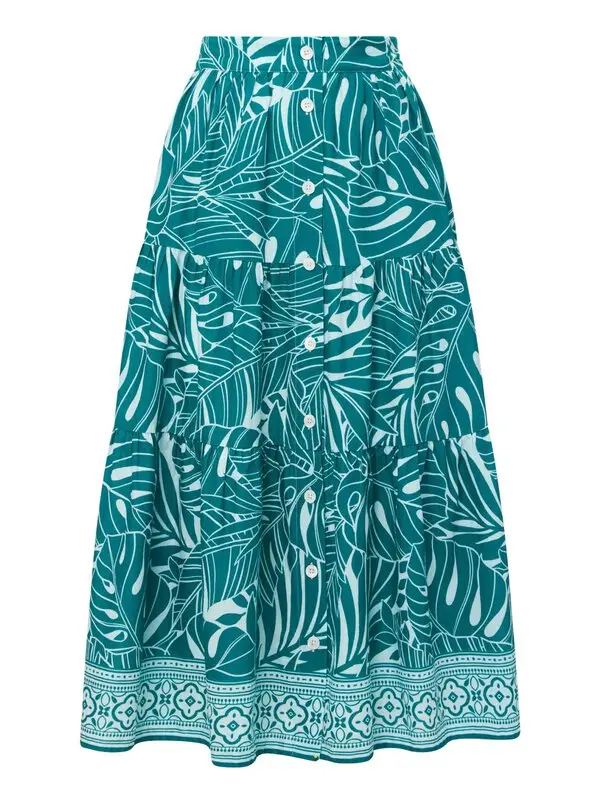 CHANGE OF SCENERY Tiered Midi Skirt With Button Front And Belt - Green/blue