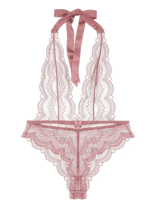 JOURNELLE Natalia Lace Bodysuit With Plunge Neckline And Ribbon Tie - Pink