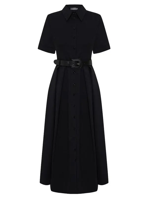EXQUISE Lilah Classic Collar Belted Midi Dress - Black