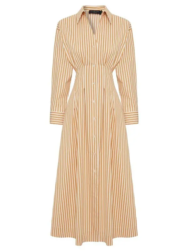 EXQUISE Striped Midi Shirt Dress - Brown
