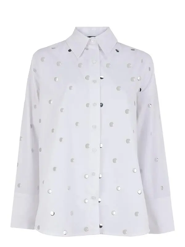 EXQUISE Classic Collar Long Sleeve Shirt With Stud Embellishments - Beige