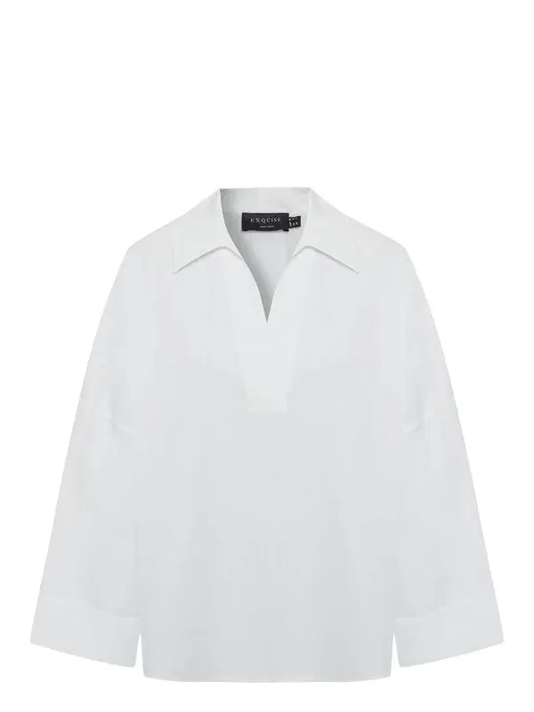 EXQUISE Lucia Collared V-neck Poplin Blouse - White