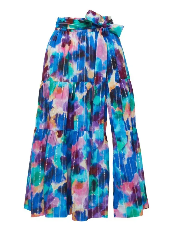 CHANGE OF SCENERY Giverny Gardens Metallic Print Tiered Maxi Skirt - Blue/red