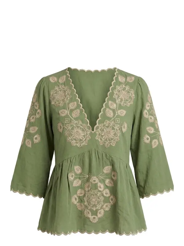 RAFFYA Aubrey V-neck Embroidered Blouse - Green