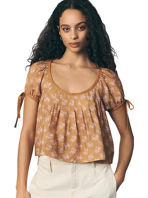 Anthropologie Scoop-neck Tie-sleeve Blouse - Brown Floral