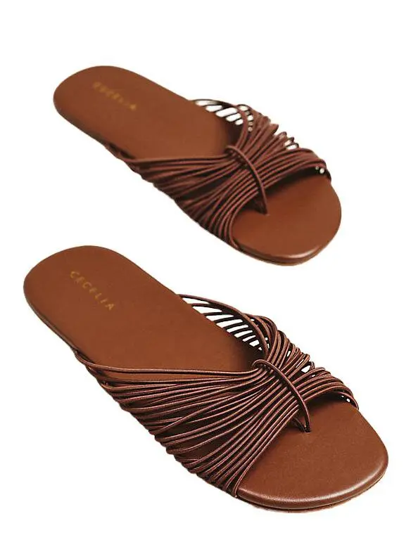 CECILIA NEW YORK Leather Knot Detailing Slider Sandals - Brown