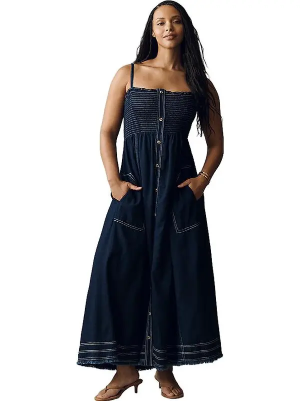 PILCRO Reese Sleeveless Buttondown Denim Midi Dress - Dark Denim