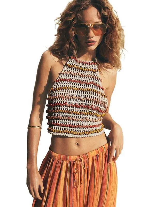 Free People Crochet Beaded Halter Tank Top - Ivory Beads Combo