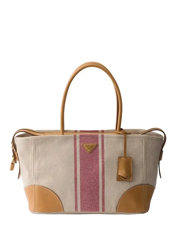 Prada Large Canvas And Leather Tote Bag - Tan/red