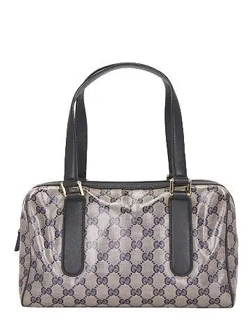 Gucci Boston Bag In Coated Canvas With Blue Calfskin Leather Trim - Grey
