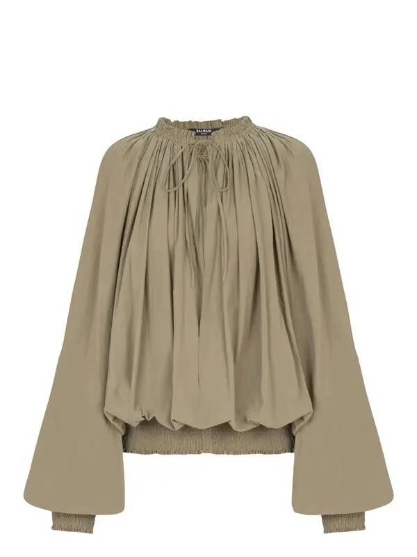 Balmain Gathered Peasant Blouse With Tie Neck Detail - Green