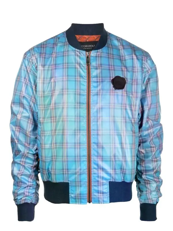 Viktor & Rolf Tartan Check Bomber Jacket With Rubberised Logo Detail - Blue