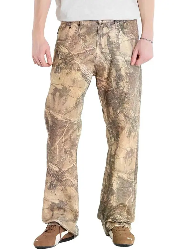 PLEASURES Hendrix Flared Print Jeans - Brown