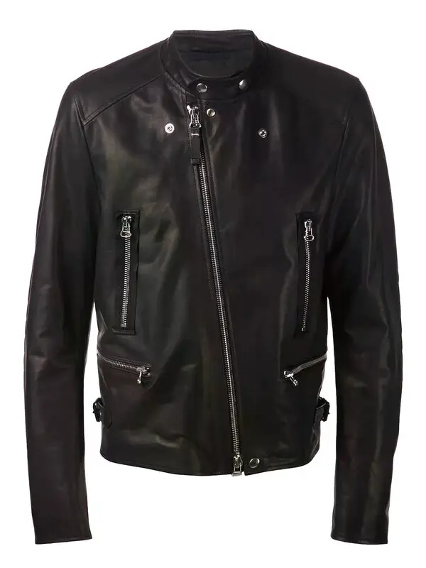 LANVIN Band Collar Leather Biker Jacket - Black