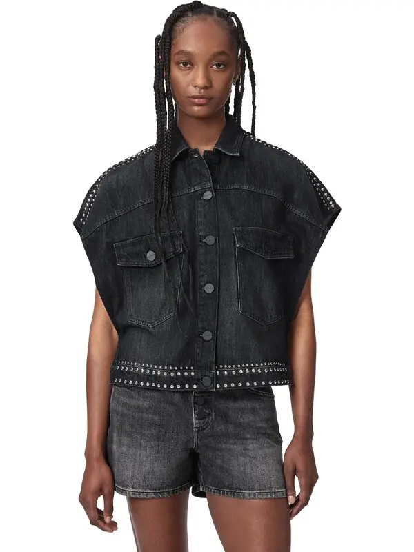ALLSAINTS Alba Sleeveless Studded Denim Shirt - Shadow Black