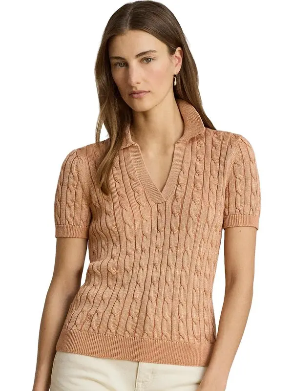 Ralph Lauren Cable Knit Short Sleeve Collared Sweater - Pink Sienna