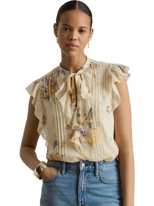 Ralph Lauren Floral Pintucked Tie-neck Blouse - Cream Multi