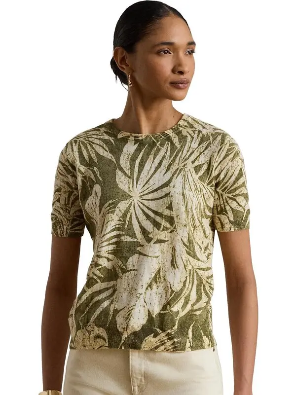 Ralph Lauren Palm Frond Print Short Sleeve Sweater - Olive Multi