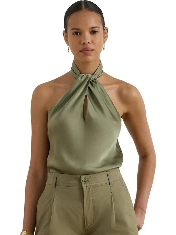 Ralph Lauren Twist-front Charmeuse Halter Blouse - Light Agave
