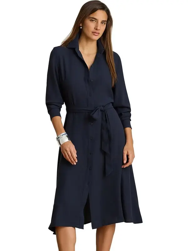 Ralph Lauren Belted Double-faced Georgette Shirtdress - Lauren Navy