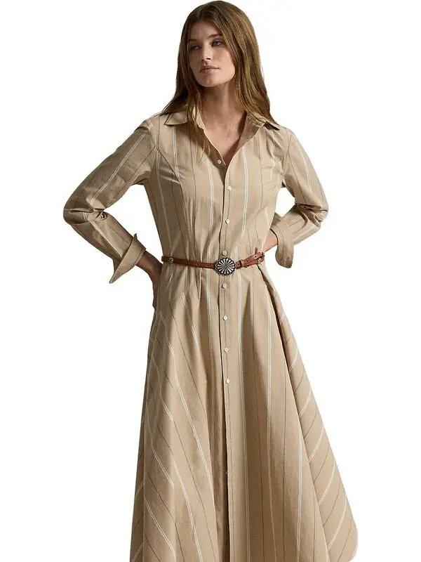 Ralph Lauren Striped Cotton Paneled Shirtdress - Tan Cream