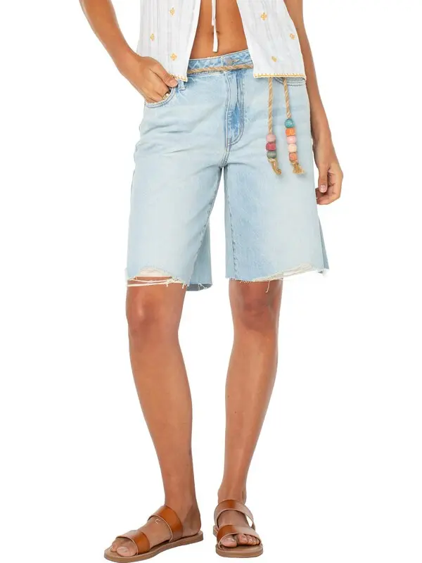 Roxy Distressed Denim Drawstring Shorts - Em-ocean-al Demin Wash