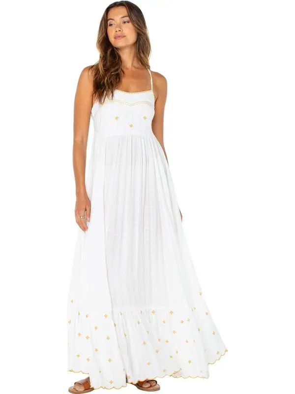 Roxy Sunburst Maxi Dress With Golden Embroidery And Tie-back Detail - Cloud Dancer Solid