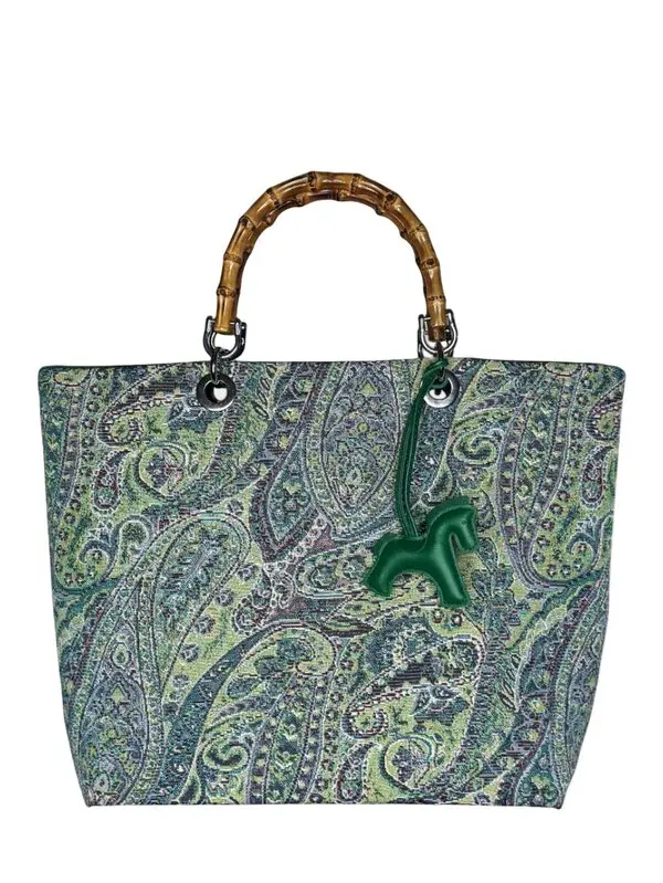 RUJ HERITAGE Jacquard Tote Bag With Bamboo Handles - Blue