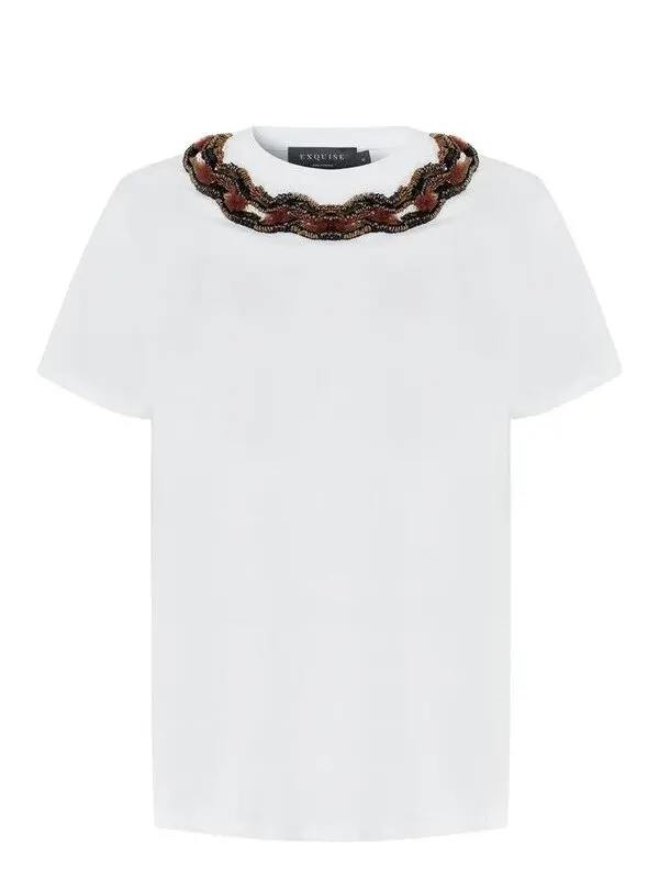EXQUISE Morgan Beaded Neckline T-shirt - White