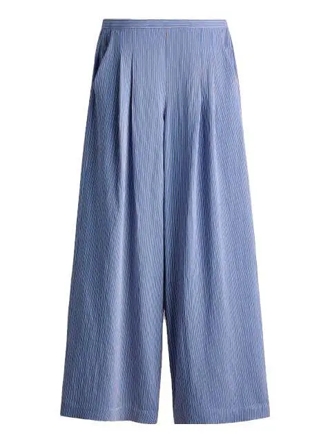 H&m Straight-leg Pleated Trousers With Elasticated Waist - Blue/striped