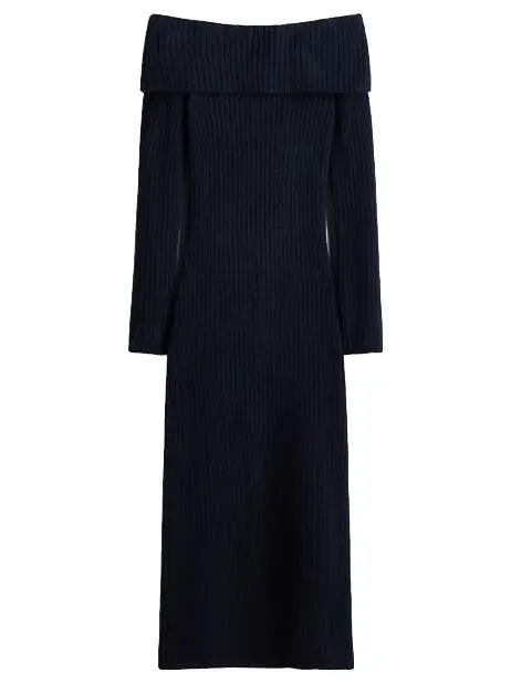 H&m Rib-knit Off-the-shoulder Calf-length Dress - Navy Blue