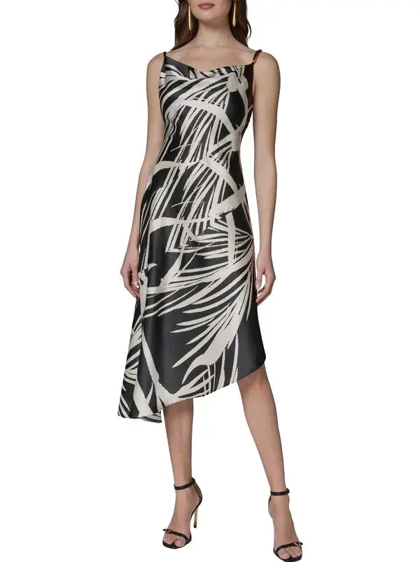 Donna Karan New York Abstract Print Cowl Neck Asymmetric Midi Dress - Black Cream
