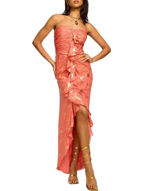 Ramy Brook Metallic Floral Strapless Gown - Coral Jacquard