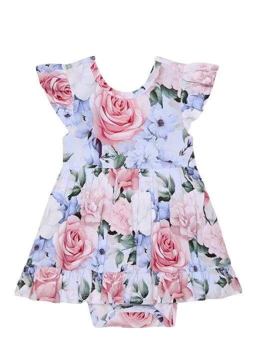 POSH PEANUT Floral Ruffled Skirted Bodysuit With Knot Back Detail - Blue