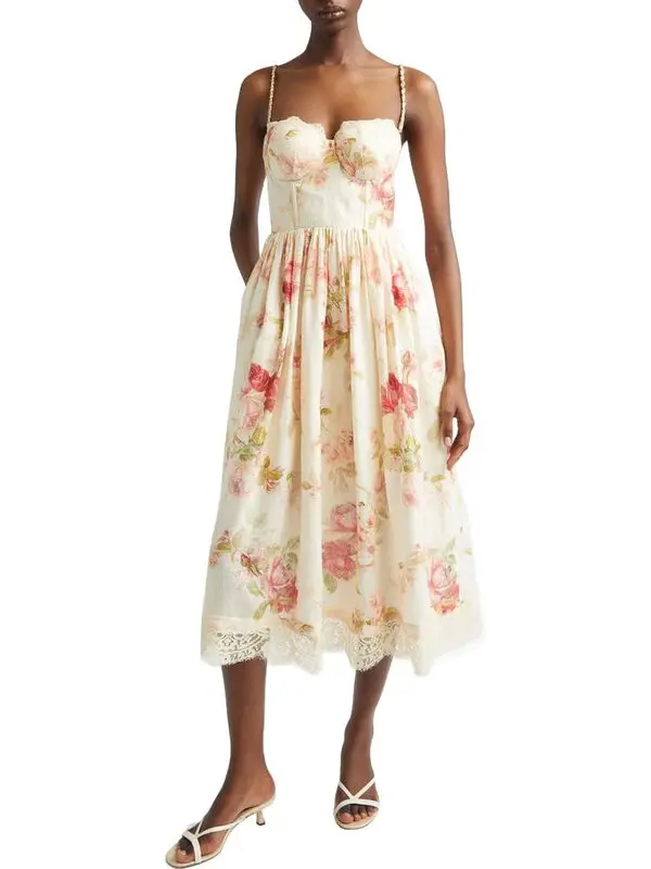 Zimmermann Roselight Picnic Linen Midi Sundress - Cream Rose Floral